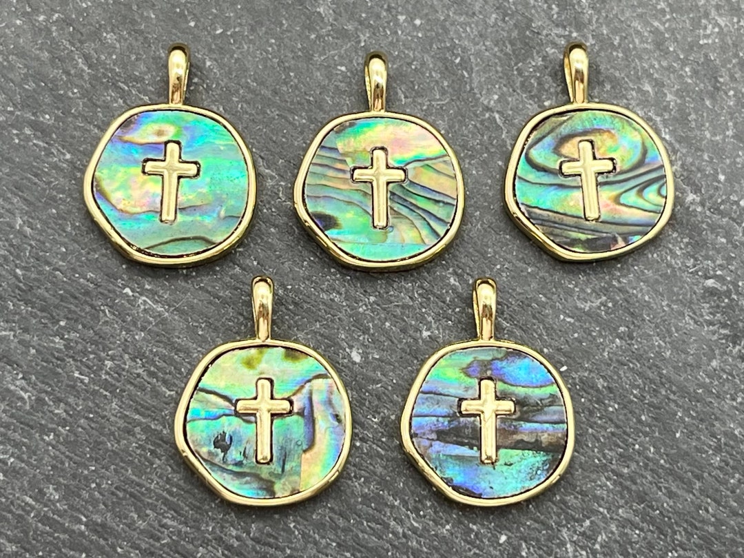 One Small Paua Abalone Shell Cross Pendant, Gold Plated Brass, Gold ...
