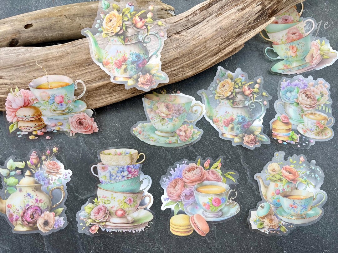 Floral Teacup Stickers: Tea Party Scrapbook Stickers - Etsy