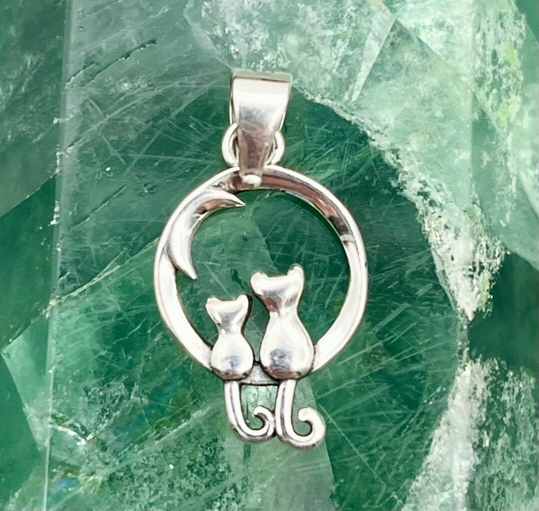 Small Cats Pendant, Sterling Silver, Two Cats, Moon Pendant, Cat Charm ...