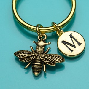 Queen Bee Keychain, Gold Queen Bee Key Ring, Bumble Bee Charm, Initial ...