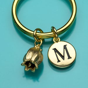 Tulip Keychain, Gold Tulip Key Ring, Flower Keychain, Initial Keychain ...