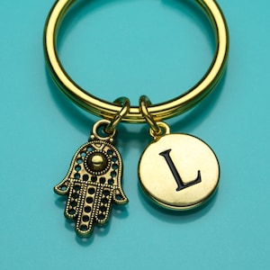 Hamsa Keychain, Gold Hamsa Key Ring, Evil Eye, Fatima's Hand, Initial ...