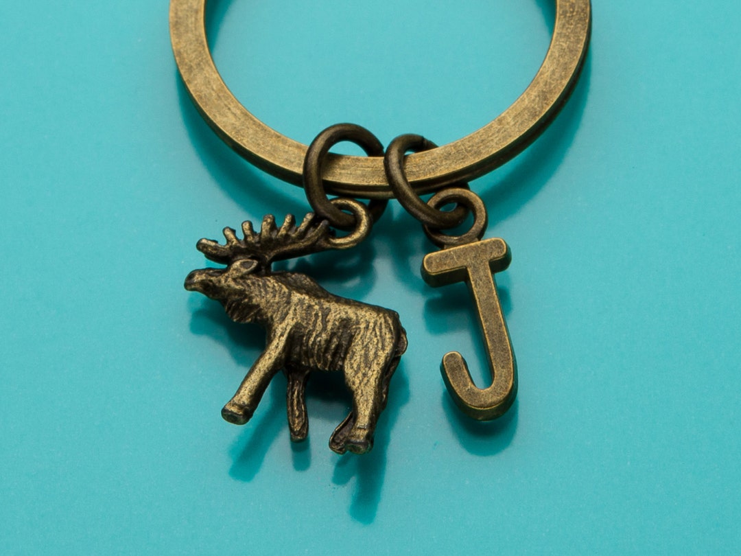 Moose Keychain, Bronze Moose Key Ring, Animal Charm, Initial Keychain ...