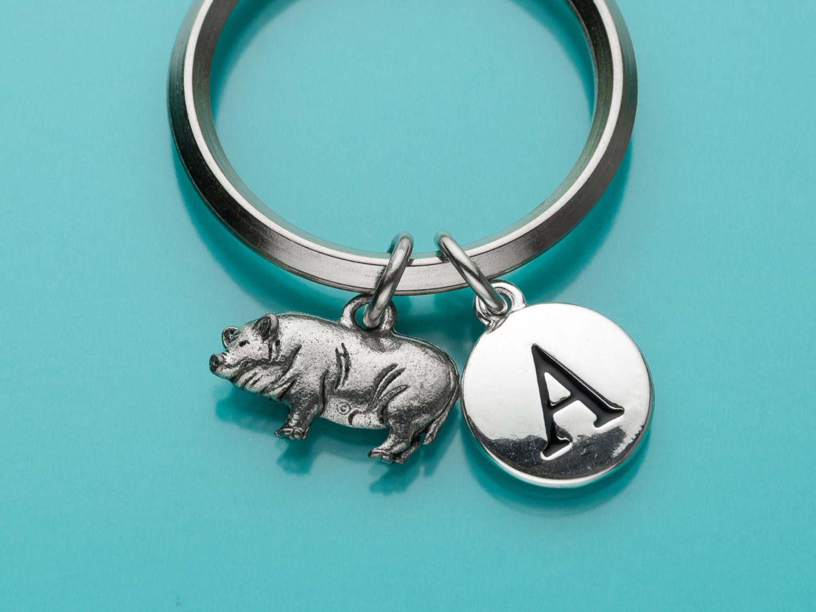 Pig Keychain, Potbelly Pig, Pig Key Ring, Farm Animal Charm, Initial ...