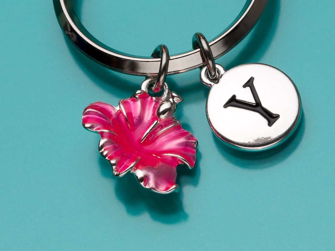 Hibiscus Keychain, Pink Hibiscus Key Ring, Flower Keychain, Garden ...