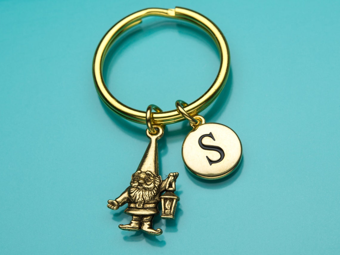 Gnome Keychain Gold Gnome Key Ring Good Luck Symbol Initial - Etsy
