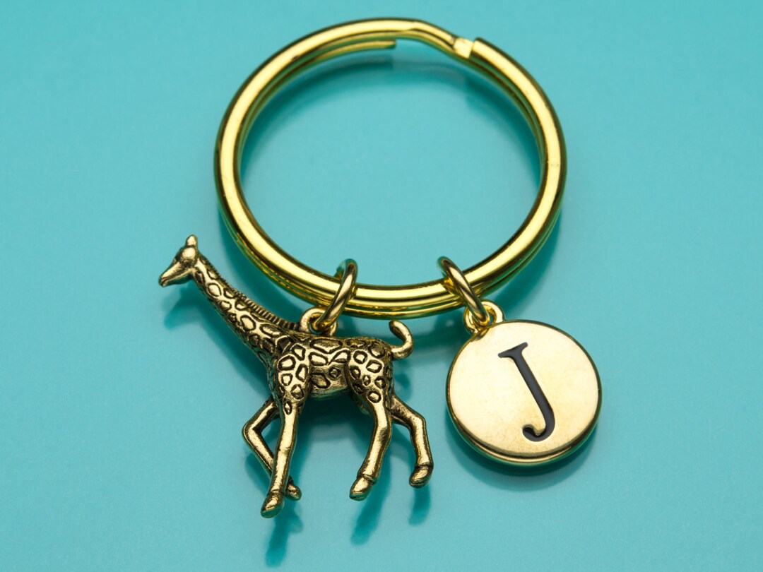 Giraffe Keychain, Gold Giraffe Key Ring, Initial Keychain, Animal Charm ...