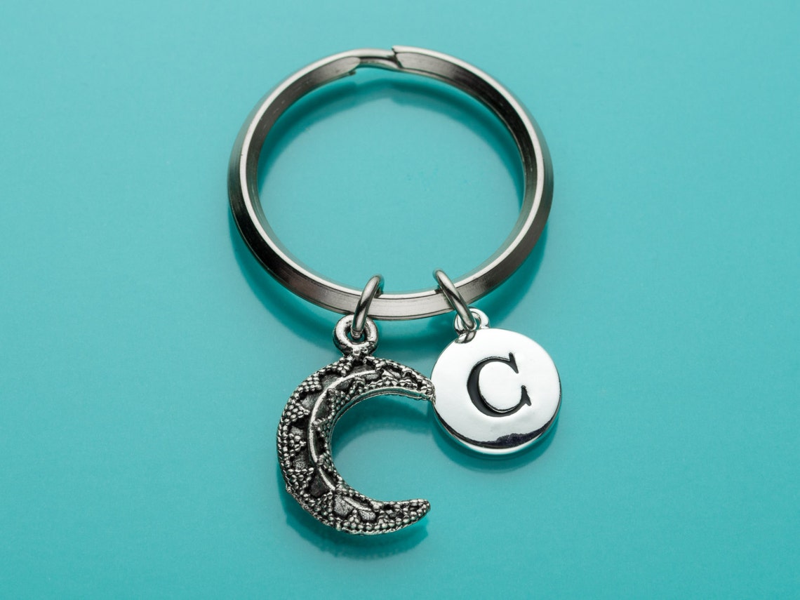 Crescent Moon, Crescent Moon Key Ring, Initial Keychain, Personalized ...