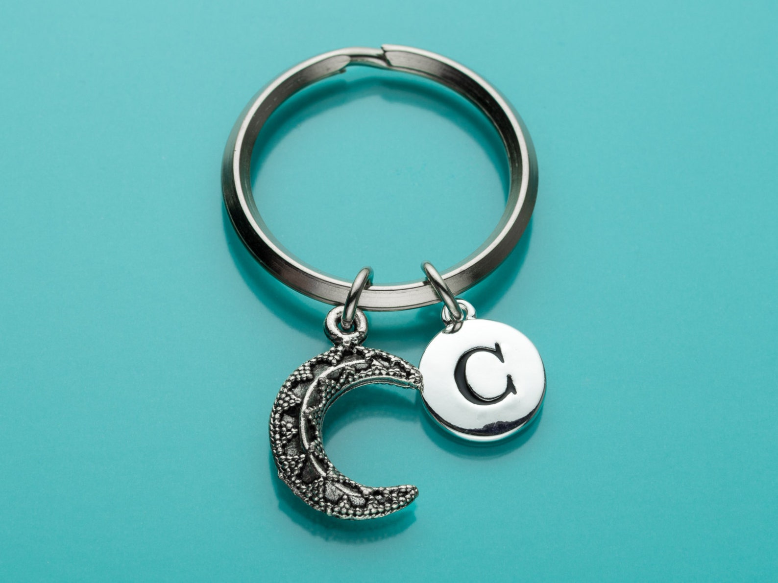 Crescent Moon, Crescent Moon Key Ring, Initial Keychain, Personalized ...