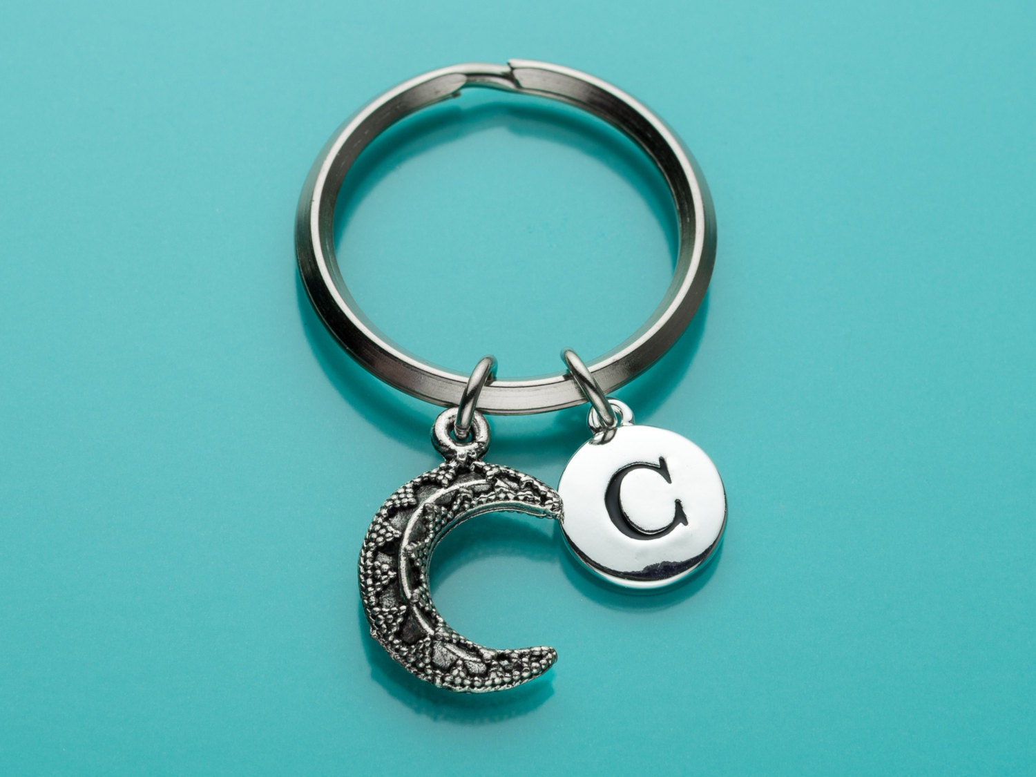 Crescent Moon Crescent Moon Key Ring Initial Keychain - Etsy