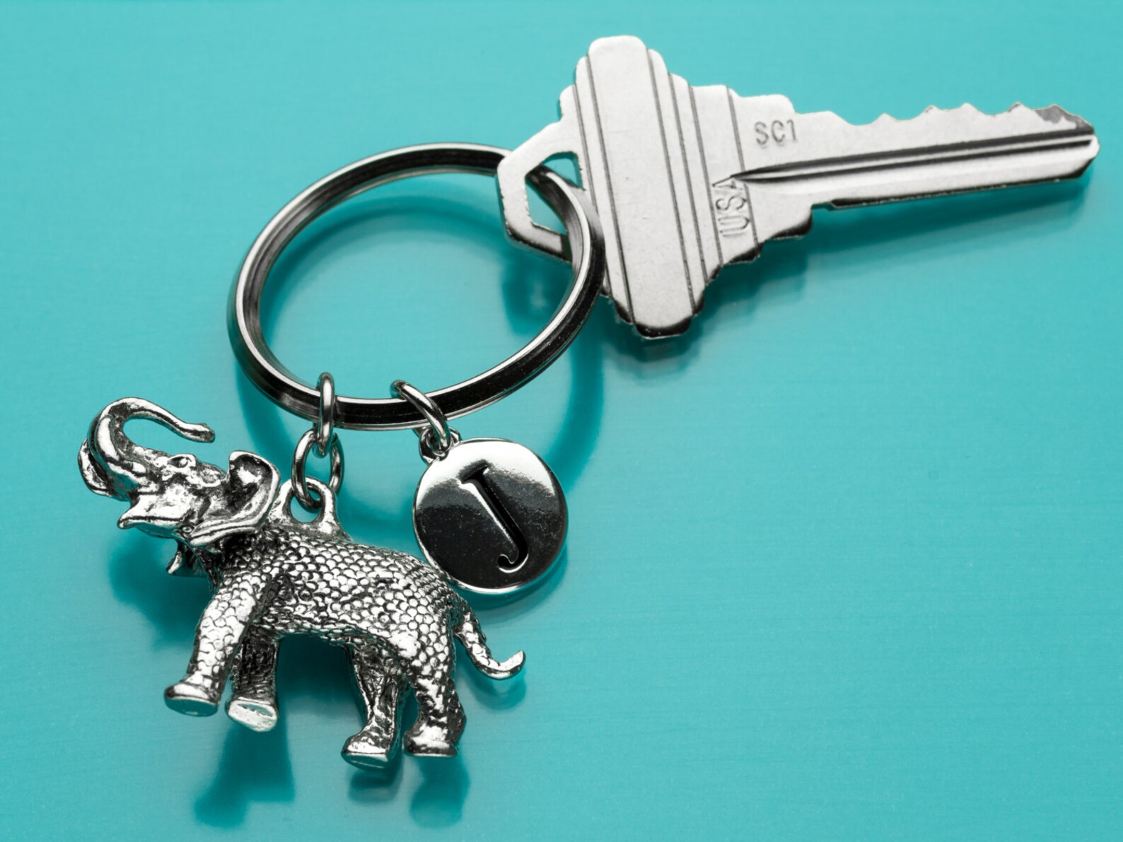 Elephant Keychain, Textured Elephant Key Ring, Animal Charm, Initial ...