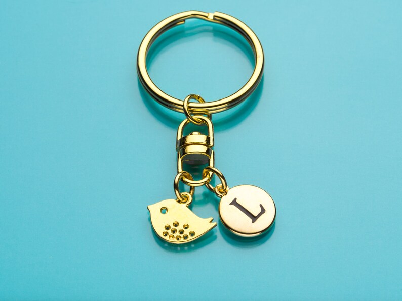 Bird Keychain Gold Bird Key Ring Sparrow Keychain Initial - Etsy