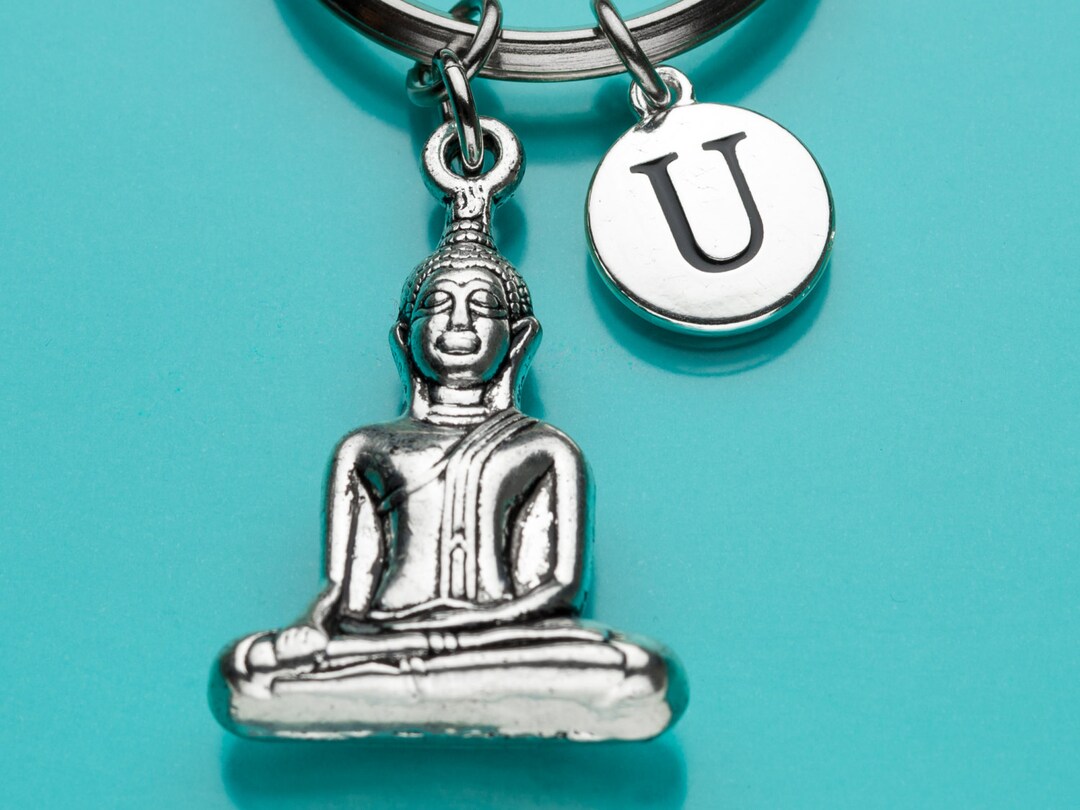 Seated Buddha Keychain, Buddha Key Ring, Meditation Charm, Initial ...