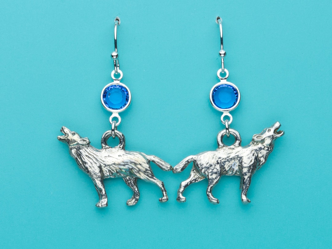 Howling Wolf Earrings, Sapphire Howling Wolf Earrings, Sapphire Crystal ...