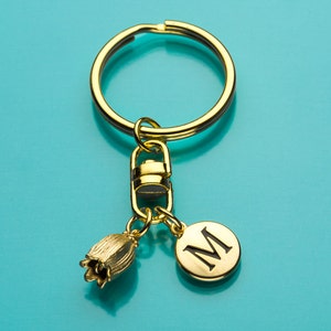 Tulip Keychain, Gold Tulip Key Ring, Flower Keychain, Initial Keychain ...