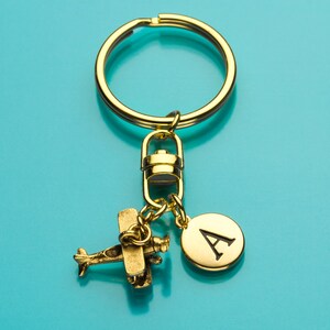 Propeller Plane Keychain, Gold Propeller Airplane Key Ring, Biplane ...