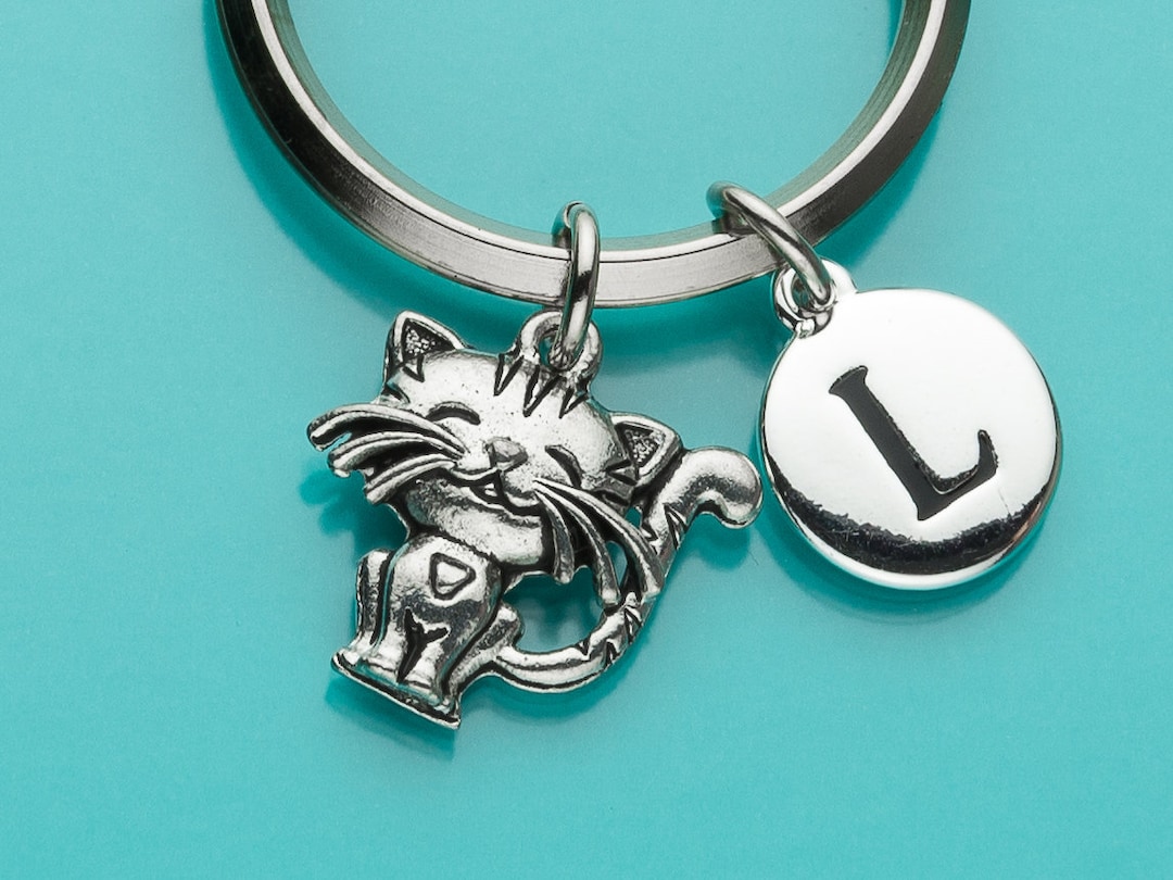 Cat Keychain, Cute Cat Key Ring, Initial Keychain, Personalized ...