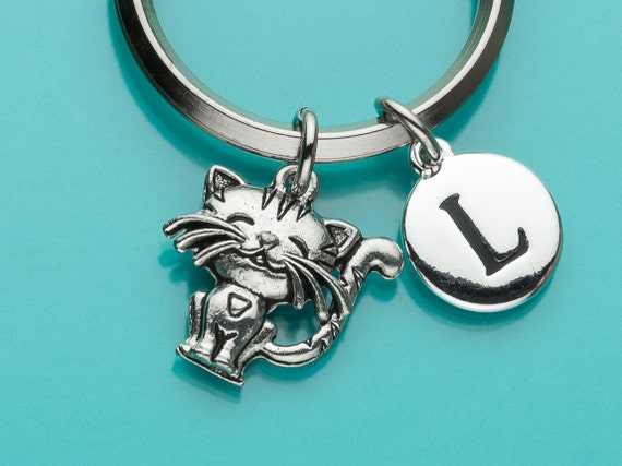 Cat Keychain Cute Cat Key Ring Initial Keychain | Etsy