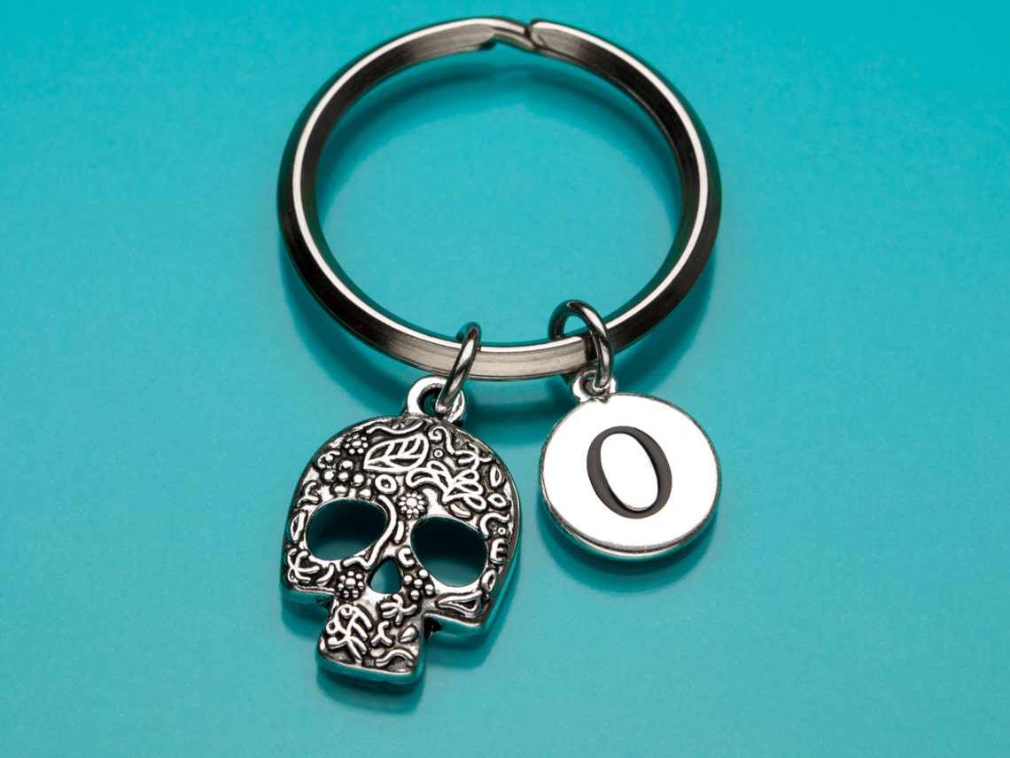 Sugar Skull Keychain, Sugar Skull Key Ring, Flower Skull, Initial ...
