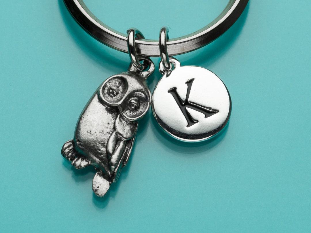 Barn Owl Keychain, Barn Owl Key Ring, Bird Charm, Initial Keychain ...