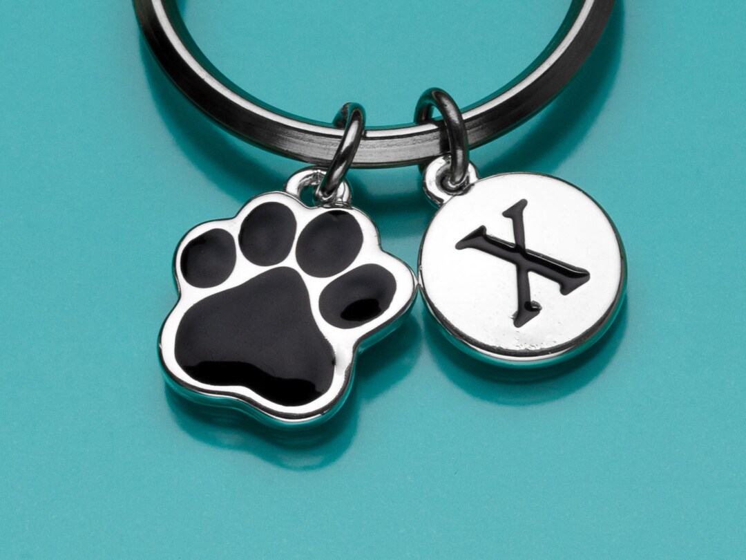Dog Paw Print Keychain, Dog Pawprint Key Ring, Black Enamel Dog Charm ...