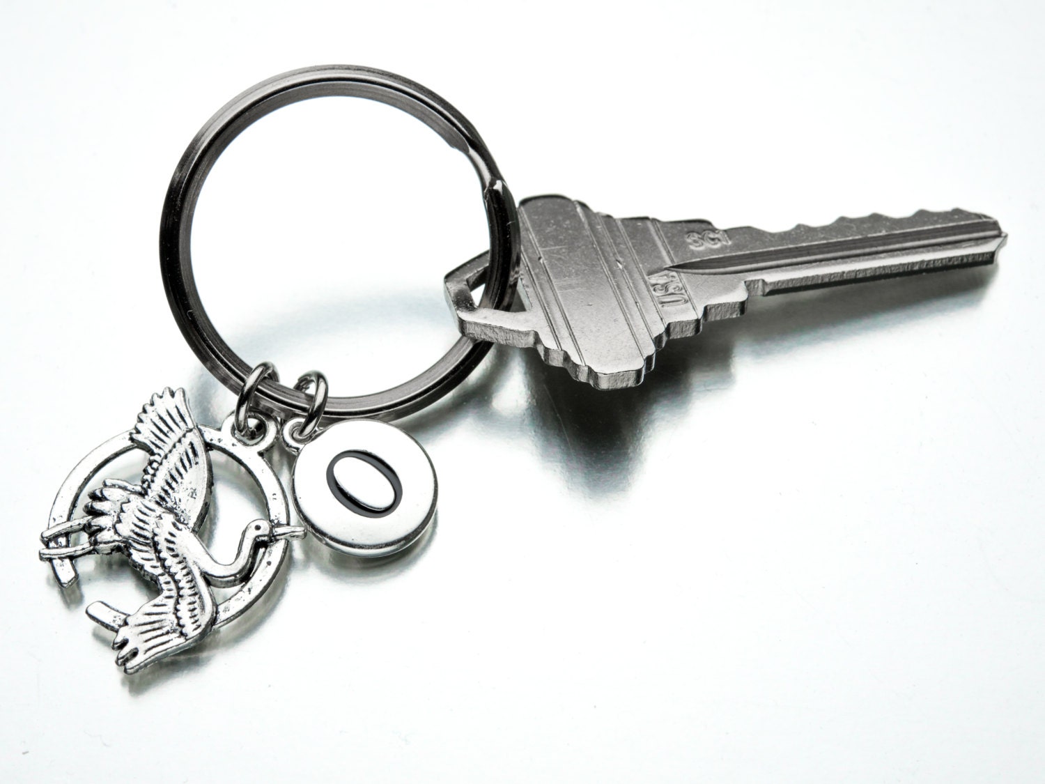 Crane Keychain Art Nouveau Key Ring Bird Charm Initial | Etsy