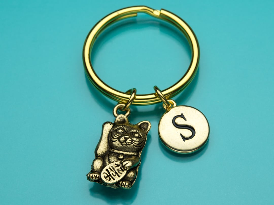 Maneki Neko Cat Keychain, Gold Maneki Neko Key Ring, Japanese Cat, Good ...