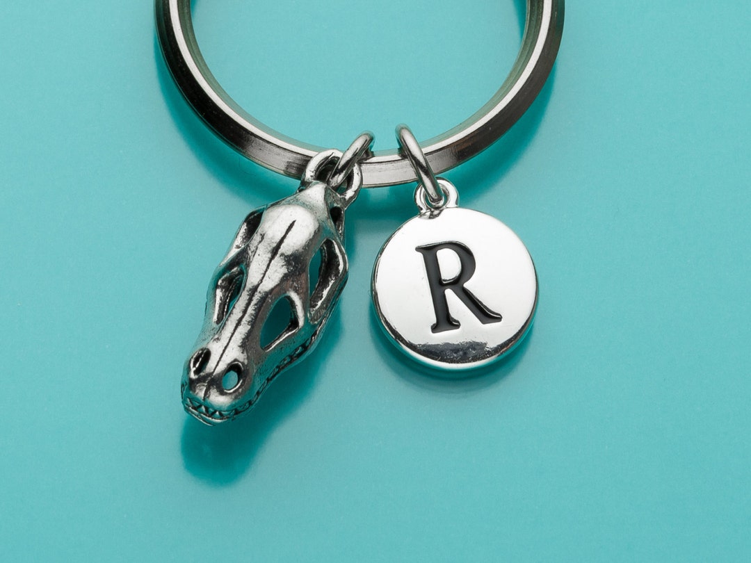Dinosaur Skull Keychain, Dinosaur Skull Key Ring, Initial Keychain ...