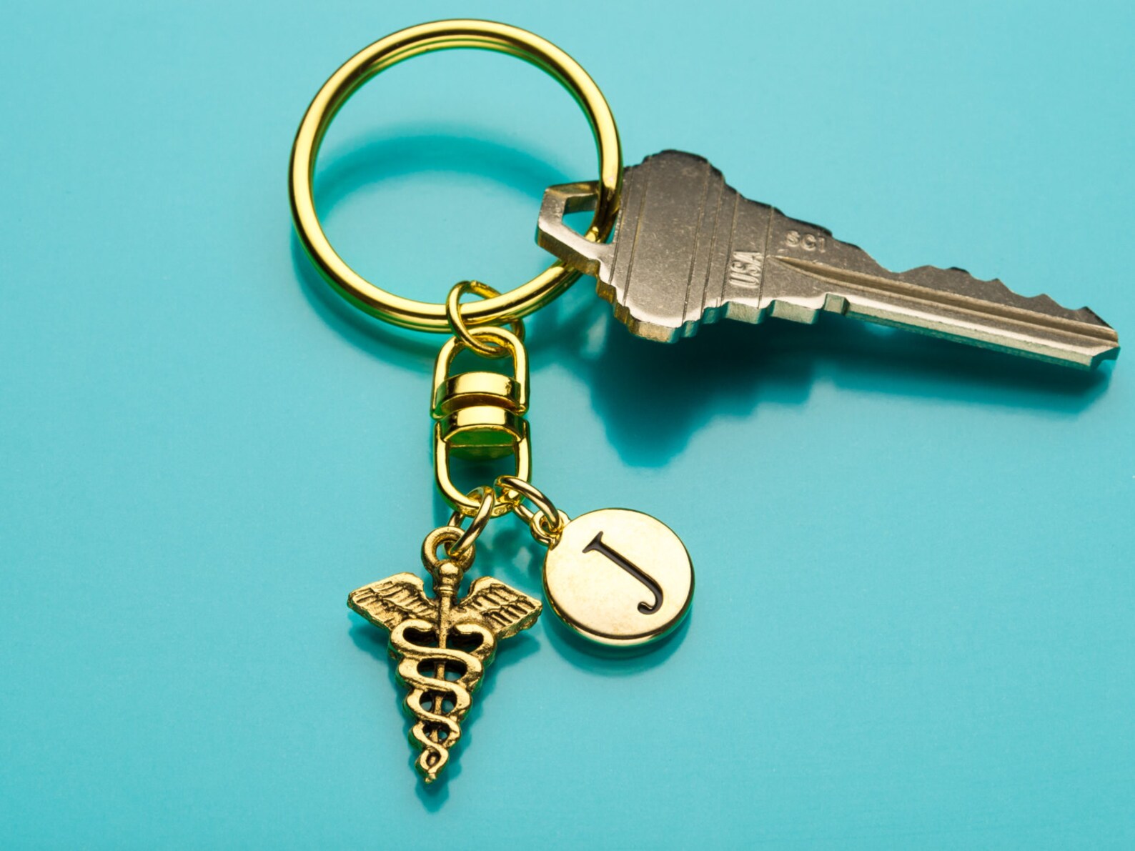 Caduceus Keychain, Gold Caduceus Key Ring, Doctor's Medical Symbol ...
