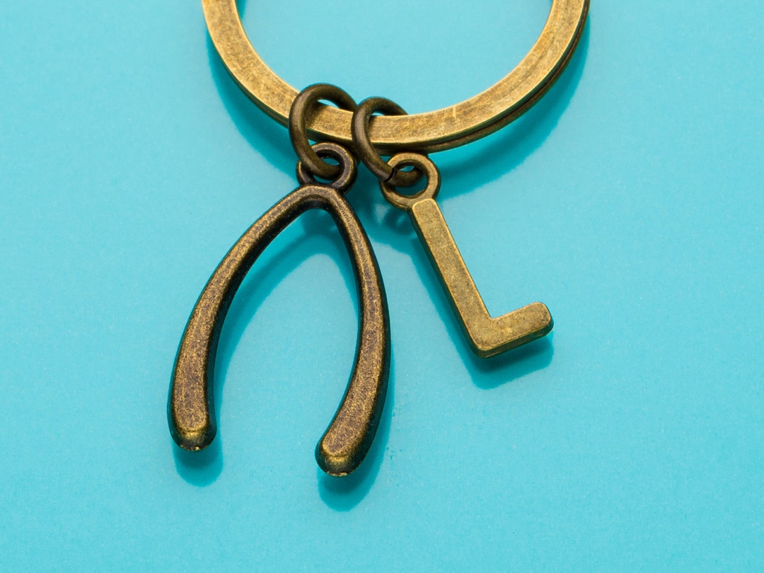 Wishbone Keychain, Bronze Wishbone Key Ring, Good Luck Charm, Initial ...