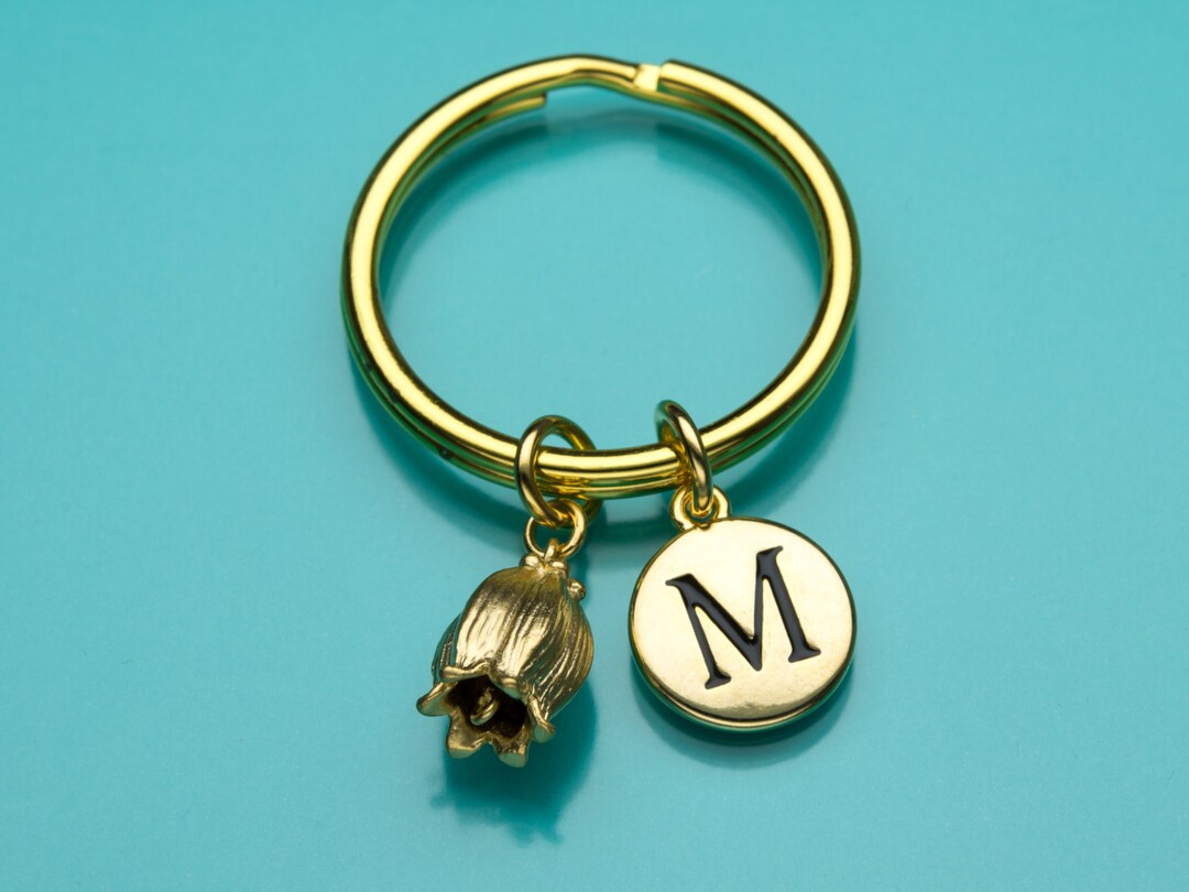 Tulip Keychain, Gold Tulip Key Ring, Flower Keychain, Initial Keychain ...