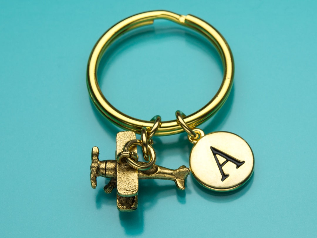 Propeller Plane Keychain, Gold Propeller Airplane Key Ring, Biplane ...