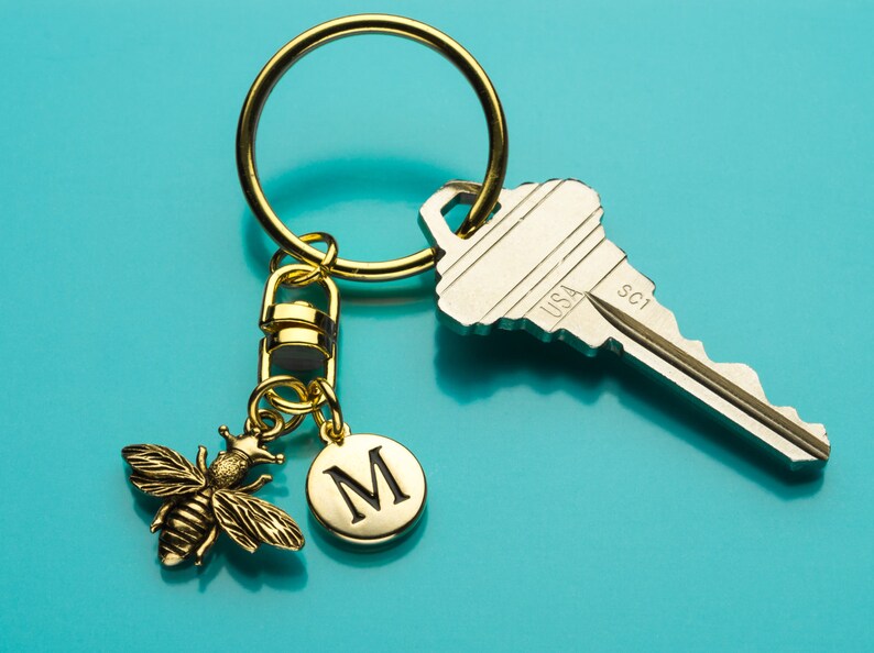 Queen Bee Keychain, Gold Queen Bee Key Ring, Bumble Bee Charm, Initial ...