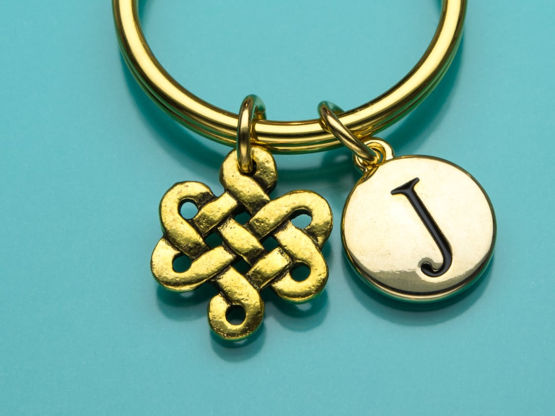 Chinese Knot Keychain, Gold Chinese Knot Key Ring, Woven Charm, Initial ...