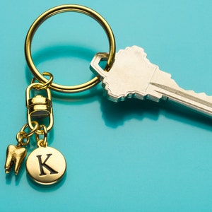 Tooth Keychain, Gold Tooth Key Ring, Molar, Dental Charm, Initial ...