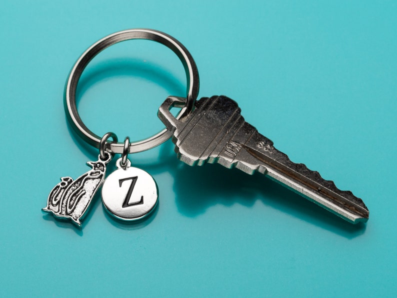 Penguins Keychain, Penguins Key Ring, Bird Charm, Initial Keychain ...