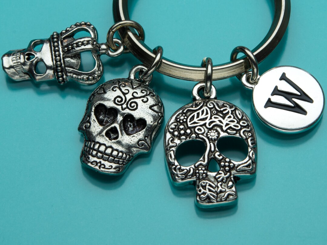 Sugar Skulls Keychain, Three Skull Key Ring, Flower Skull, Initial ...