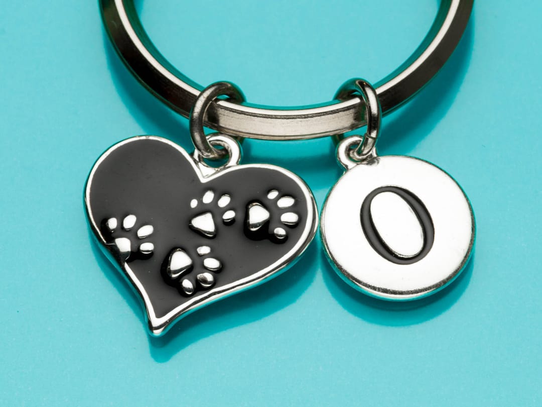 Cat Paw Print Keychain, Cat Pawprint Key Ring, Black Enamel Cat Heart ...