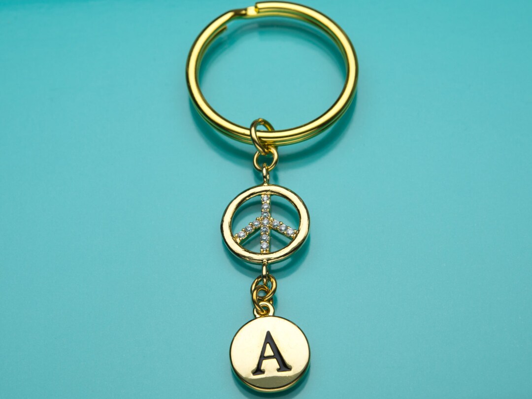 Peace Sign Keychain, Gold CZ Peace Sign Key Ring, 60's Peace Symbol ...