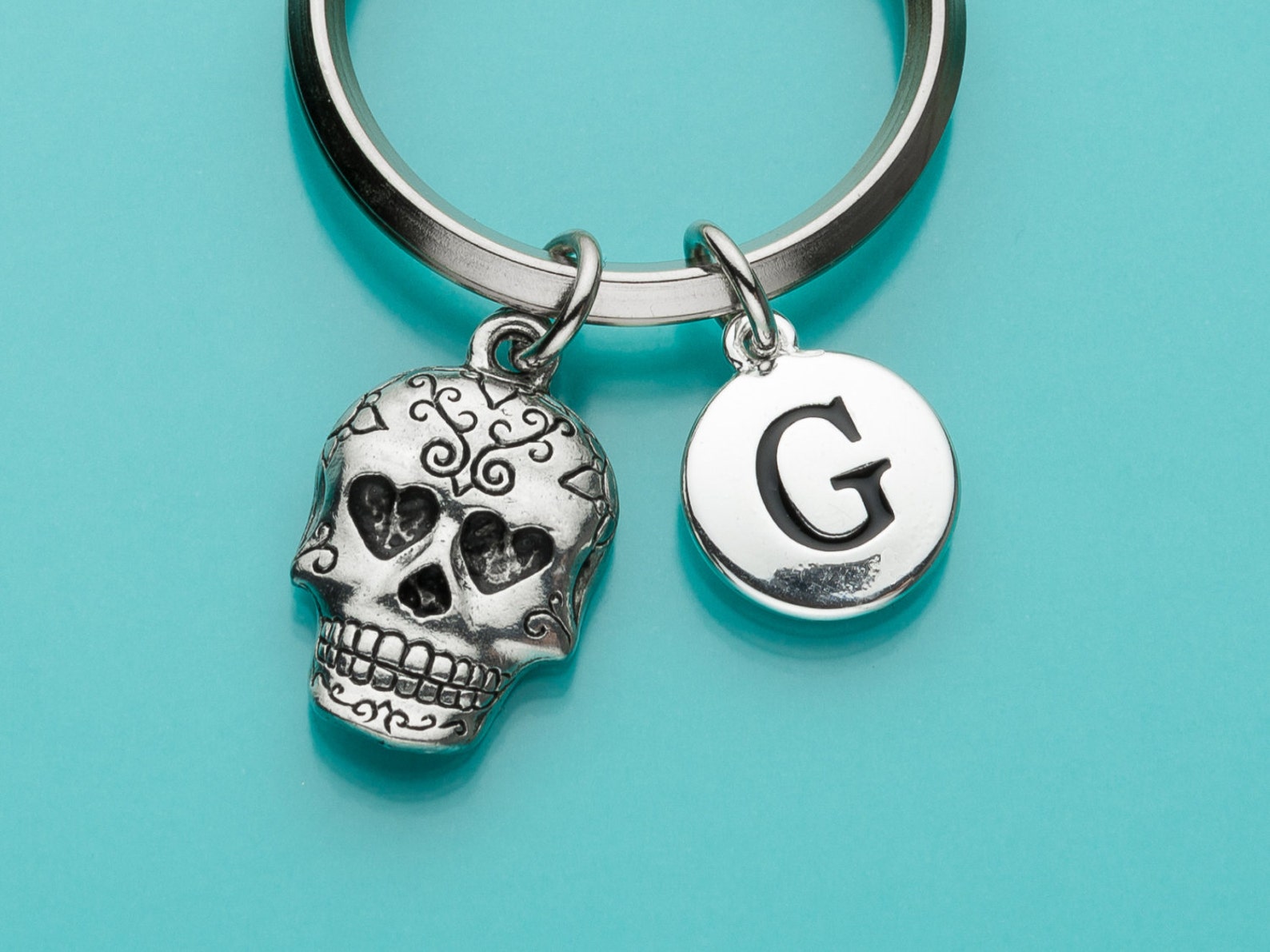 Sugar Skull Keychain, Sugar Skull Key Ring, Skull With Heart Eyes ...