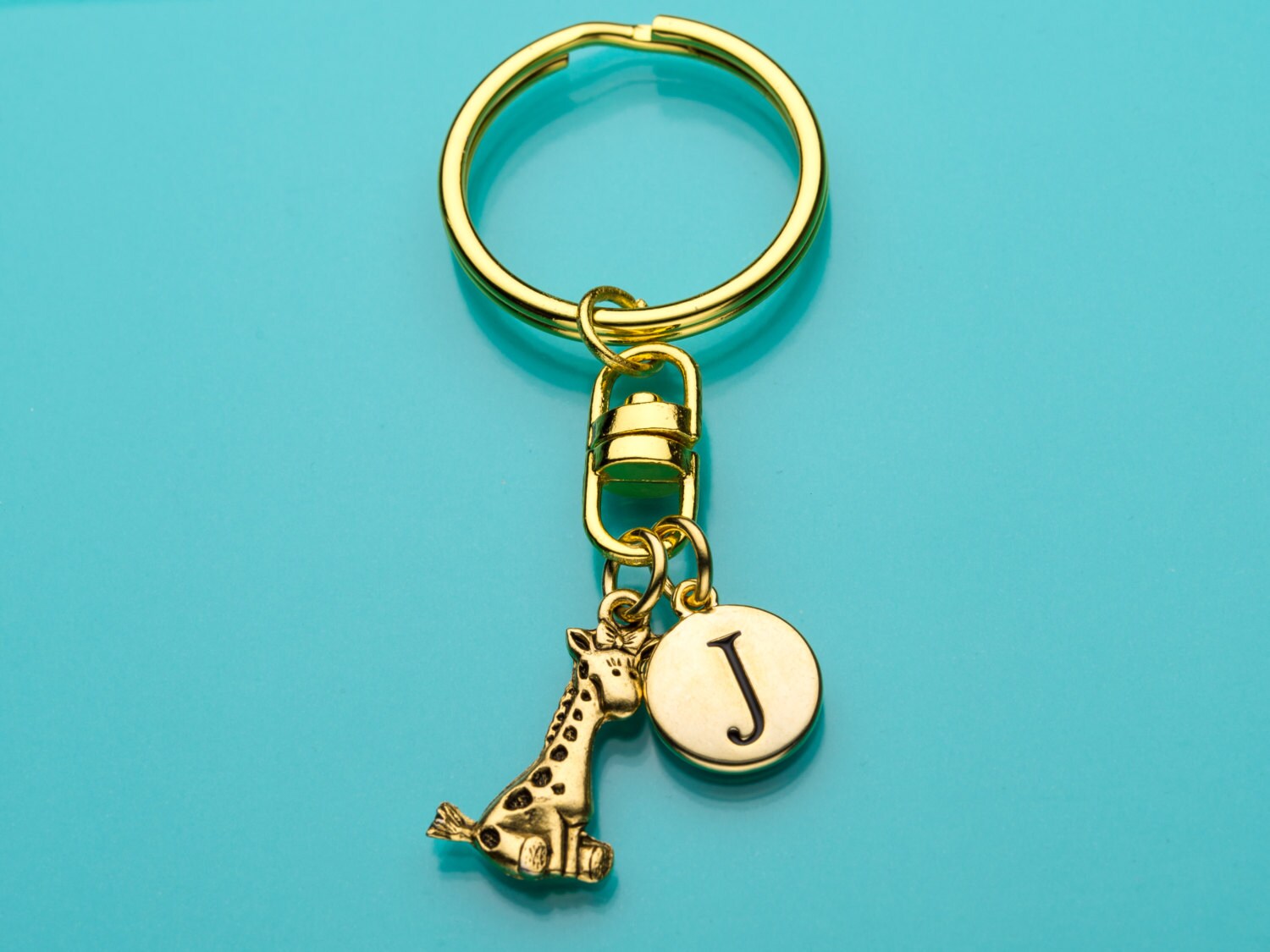 Giraffe Keychain Cute Giraffe Gold Key Ring Initial | Etsy