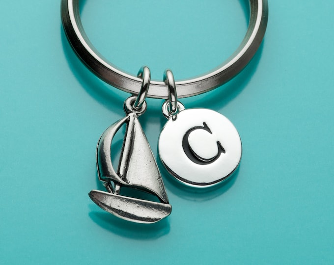 Sailboat Keychain, Sailboat Key Ring, Sailing, Sports, Initial Keychain ...