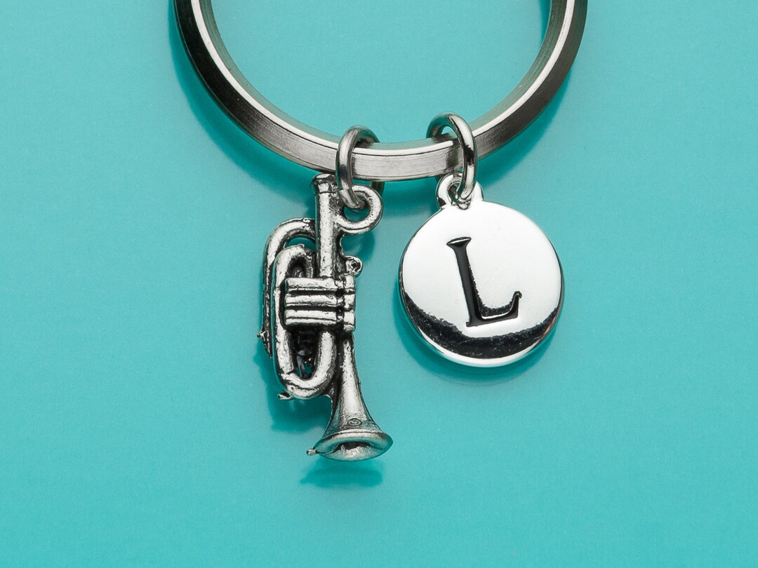 Trumpet Keychain, Trumpet Key Ring, Musician Keyring, Initial Keychain ...