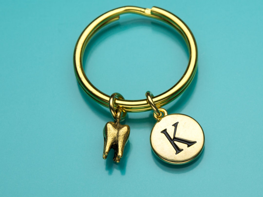 Tooth Keychain, Gold Tooth Key Ring, Molar, Dental Charm, Initial ...