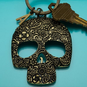 Sugar Skull Keychain, Huge Bronze Sugar Skull Key Ring, Giant Flower ...