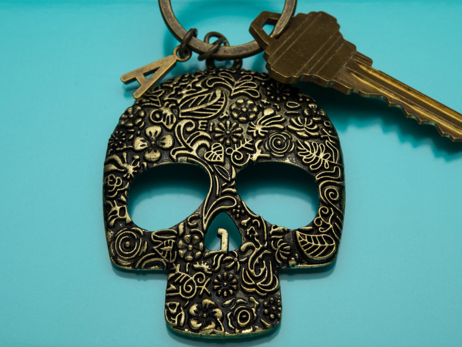 Sugar Skull Keychain, Huge Bronze Sugar Skull Key Ring, Giant Flower ...