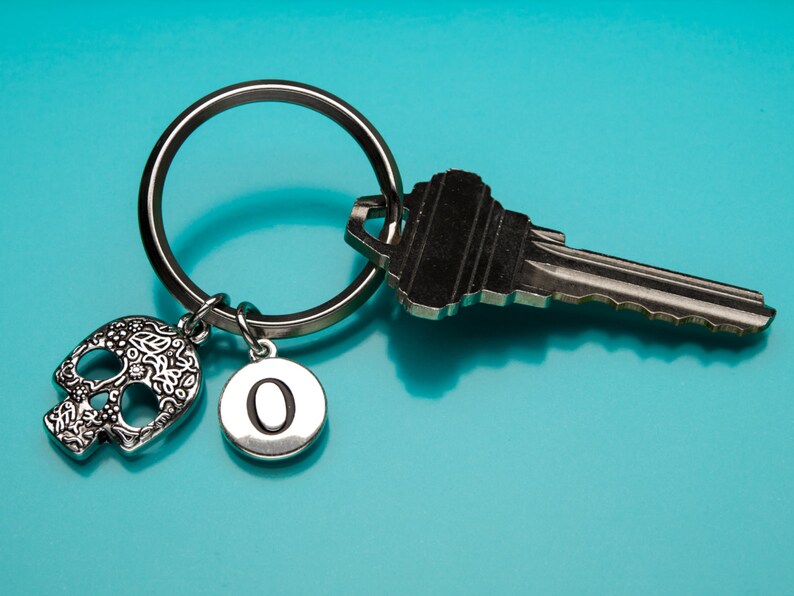 Sugar Skull Keychain, Sugar Skull Key Ring, Flower Skull, Initial ...