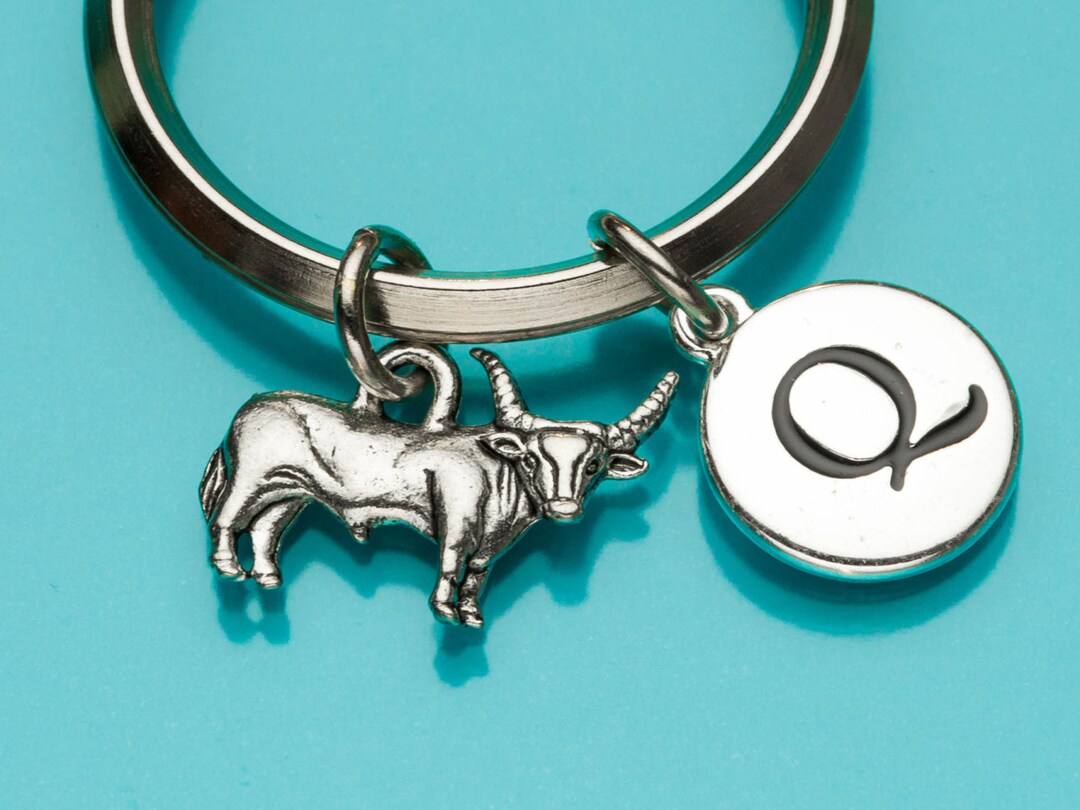 Bull Keychain, Steer Key Ring, Bull Keyring, Animal Keychain, Initial ...