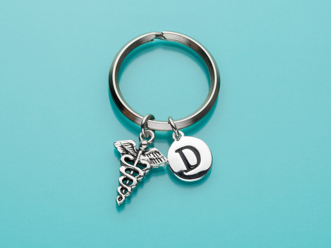 Caduceus Keychain, Caduceus Key Ring, Doctor's Medical Symbol, Initial ...
