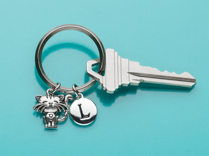Cat Keychain Cute Cat Key Ring Initial Keychain | Etsy